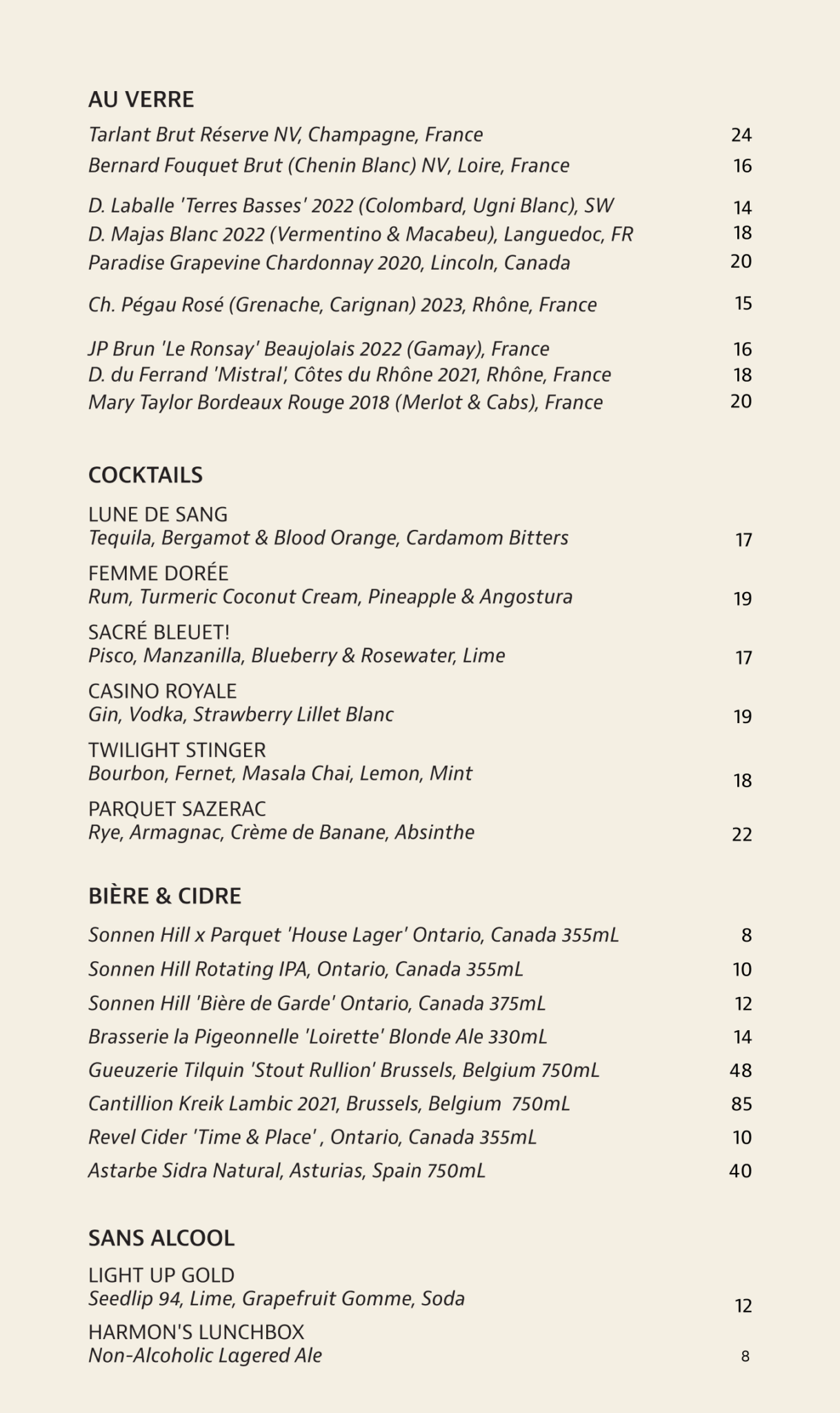 Sample Menus - Restaurant Parquet