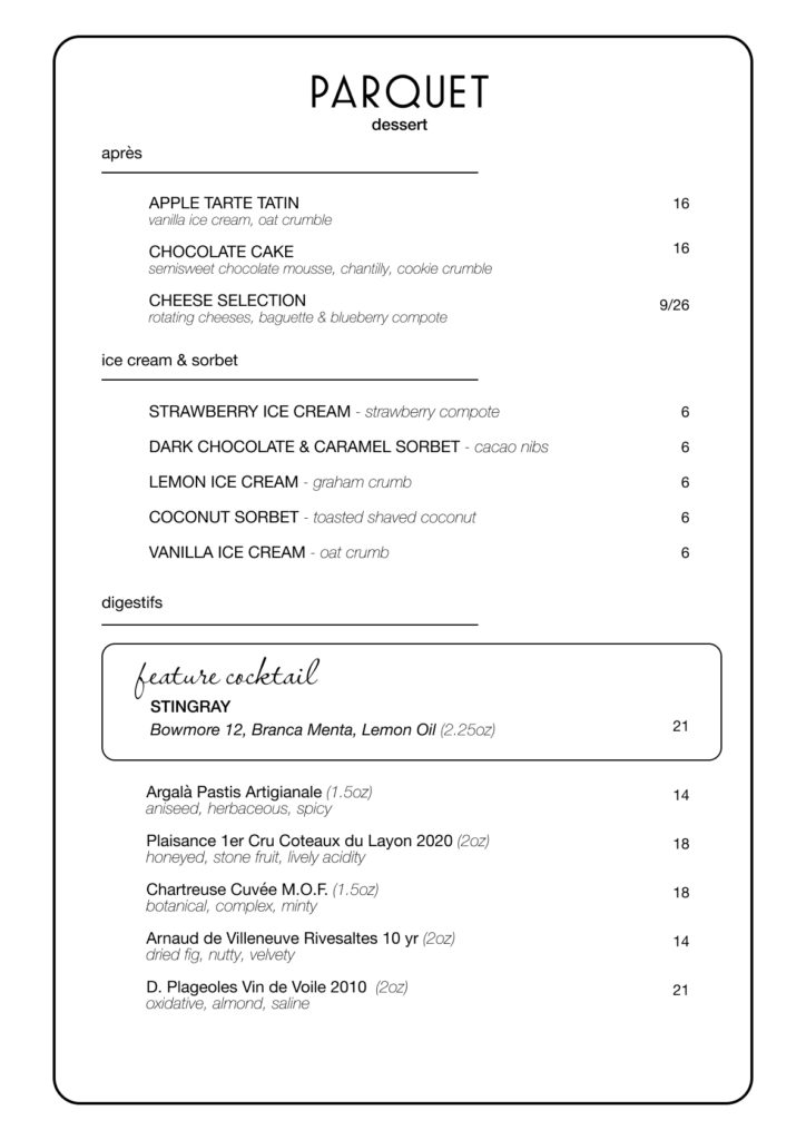 Sample Menus - Restaurant Parquet