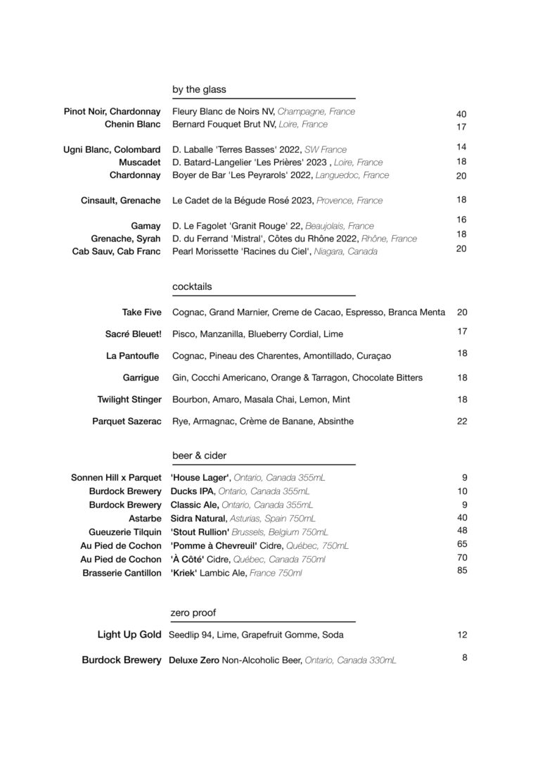 Sample Menus - Restaurant Parquet