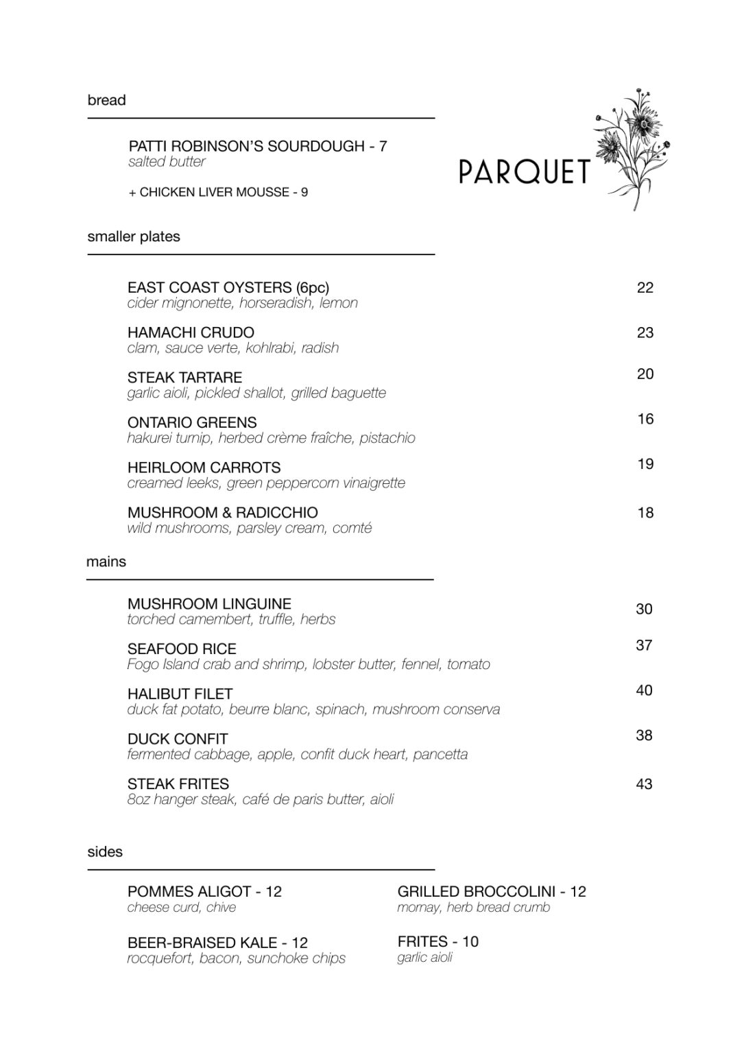 Sample Menus - Restaurant Parquet