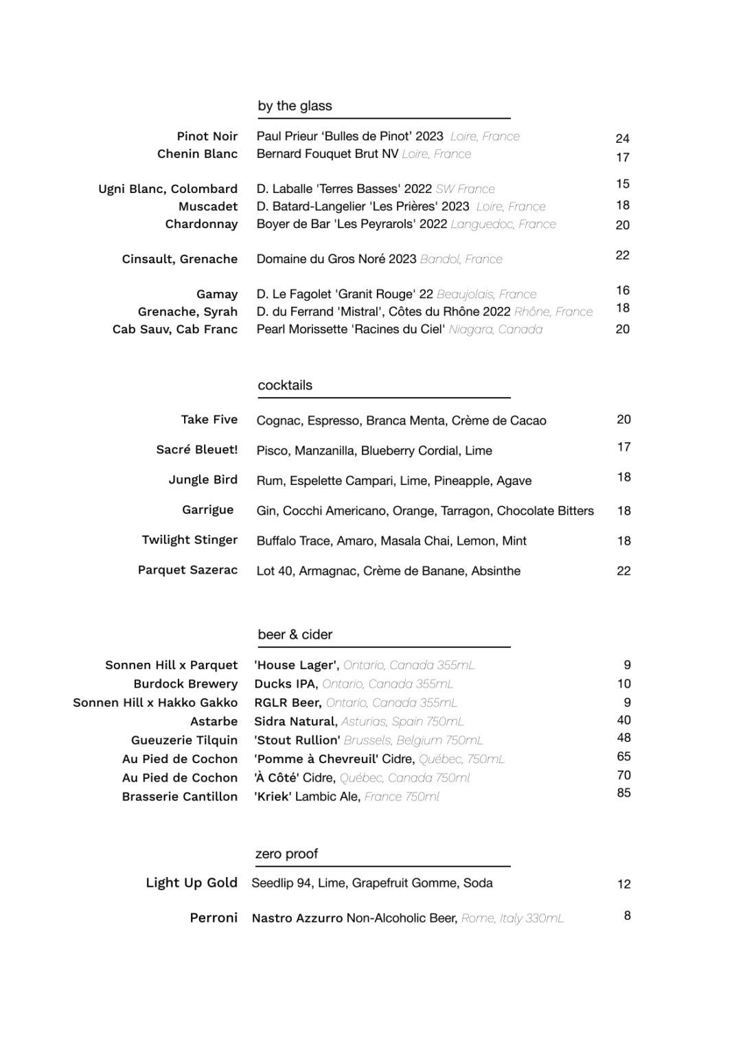 Sample Menus - Restaurant Parquet