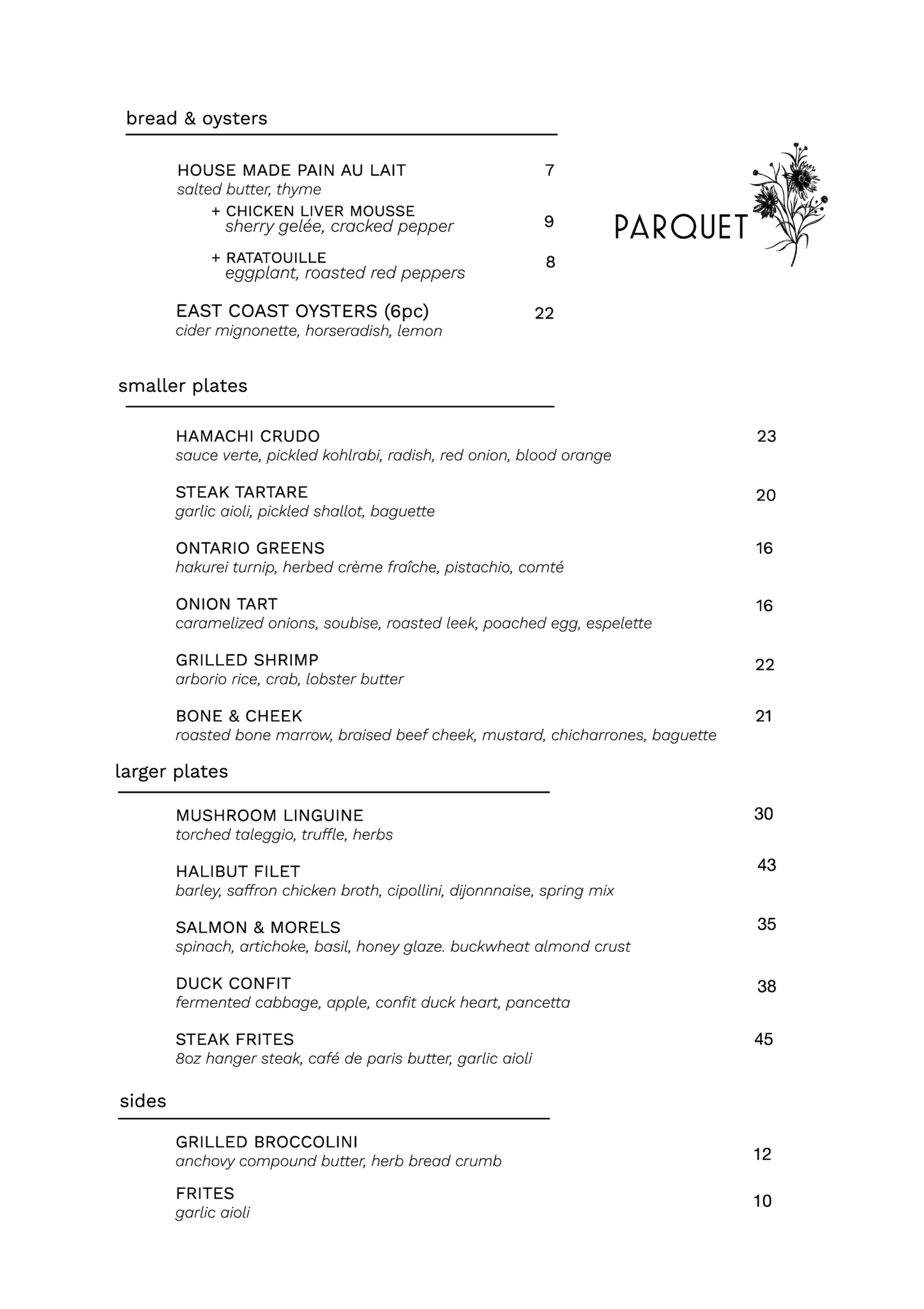 Sample Menus - Restaurant Parquet