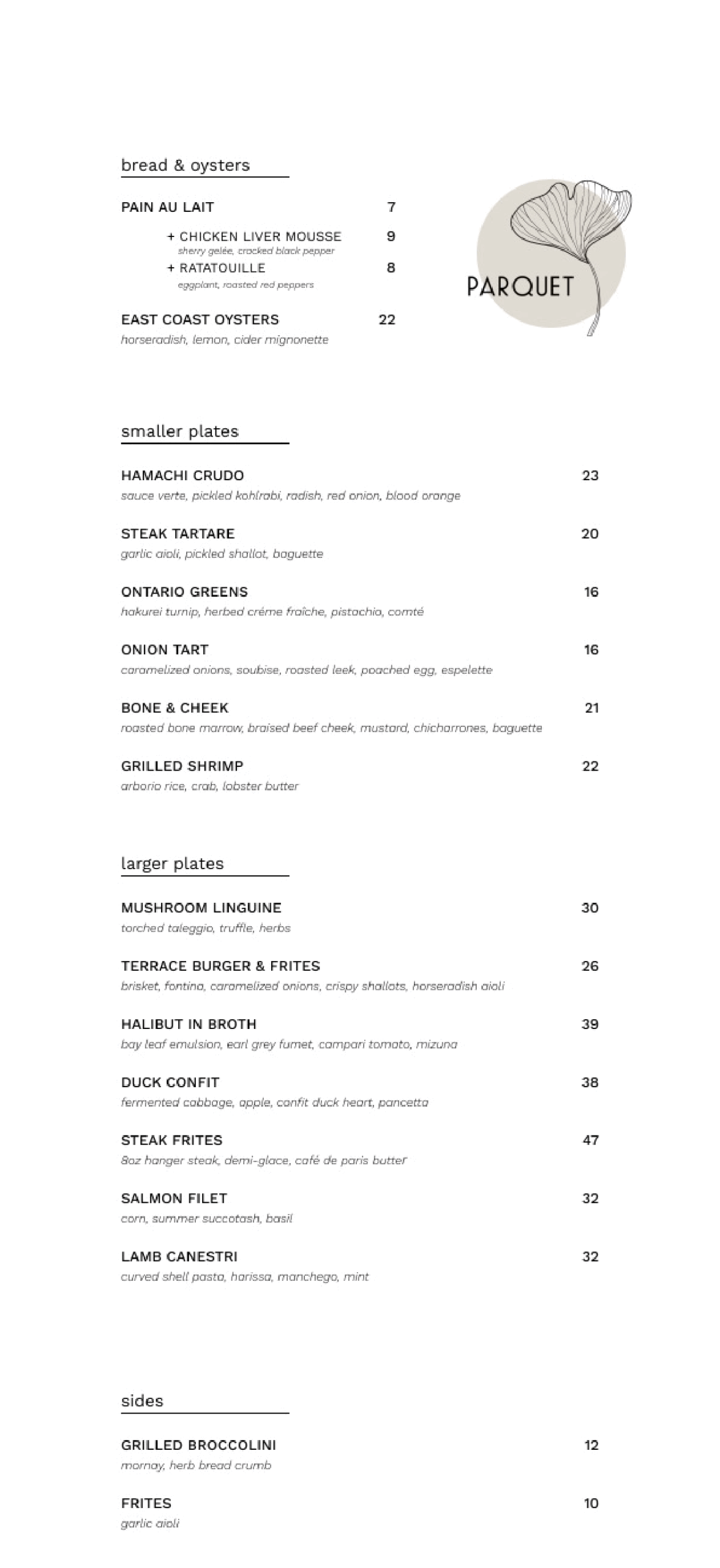 Sample Menus - Restaurant Parquet